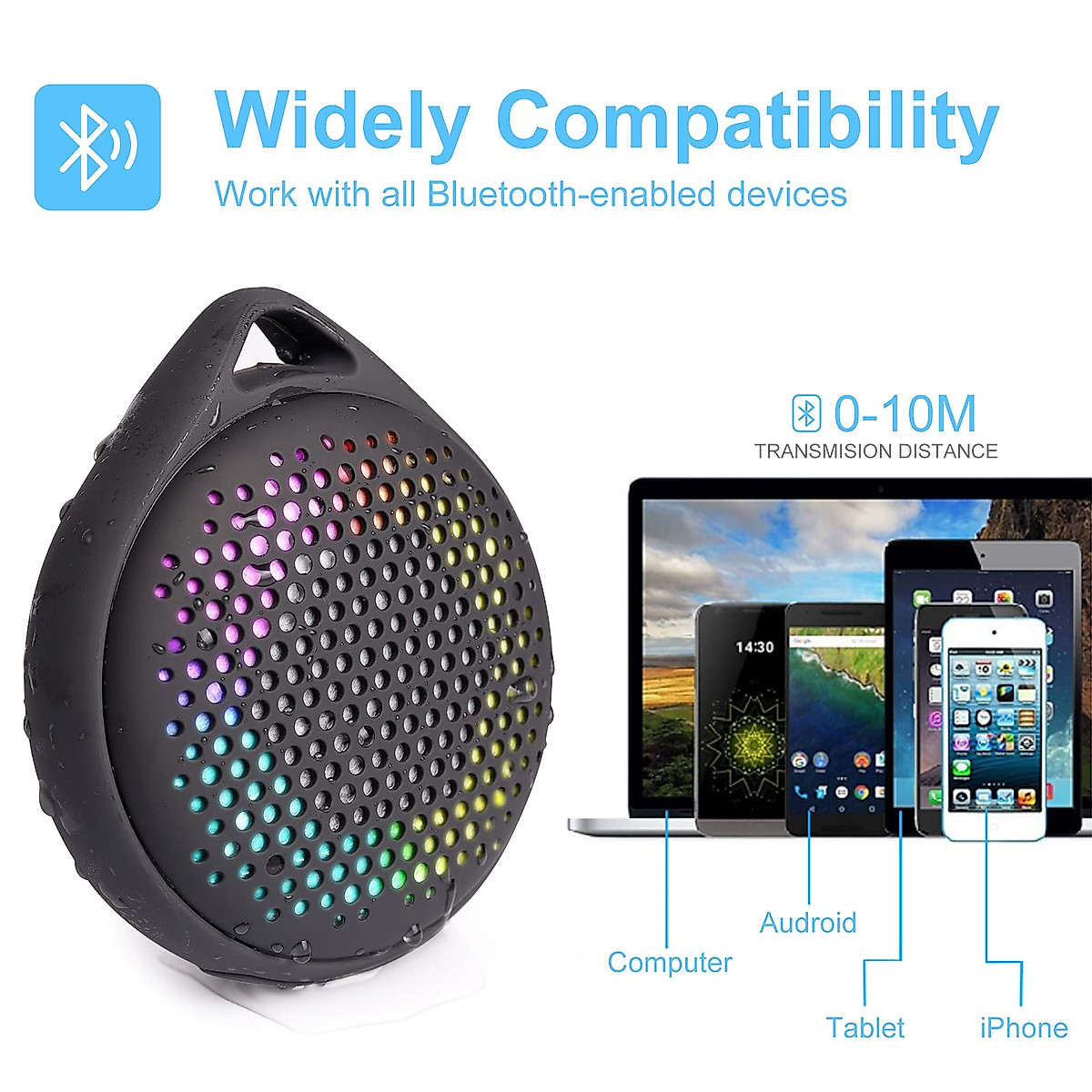 AVWOO Bluetooth Shower Speaker, IP67 Waterproof Speaker with RGB Light, Portable Bluetooth Speaker with Hi-Fi Sound and Built-in Mic, Support TF Card, Wireless Speaker for Home Outdoor Travel