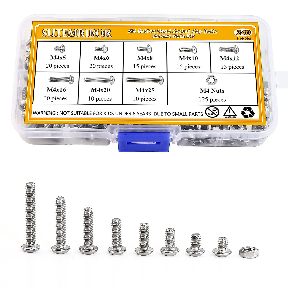 Sutemribor 240 Pieces M4 Stainless Steel Button Head Hex Socket Head Cap Bolts Screws Nuts Assortment Kit + Wrench