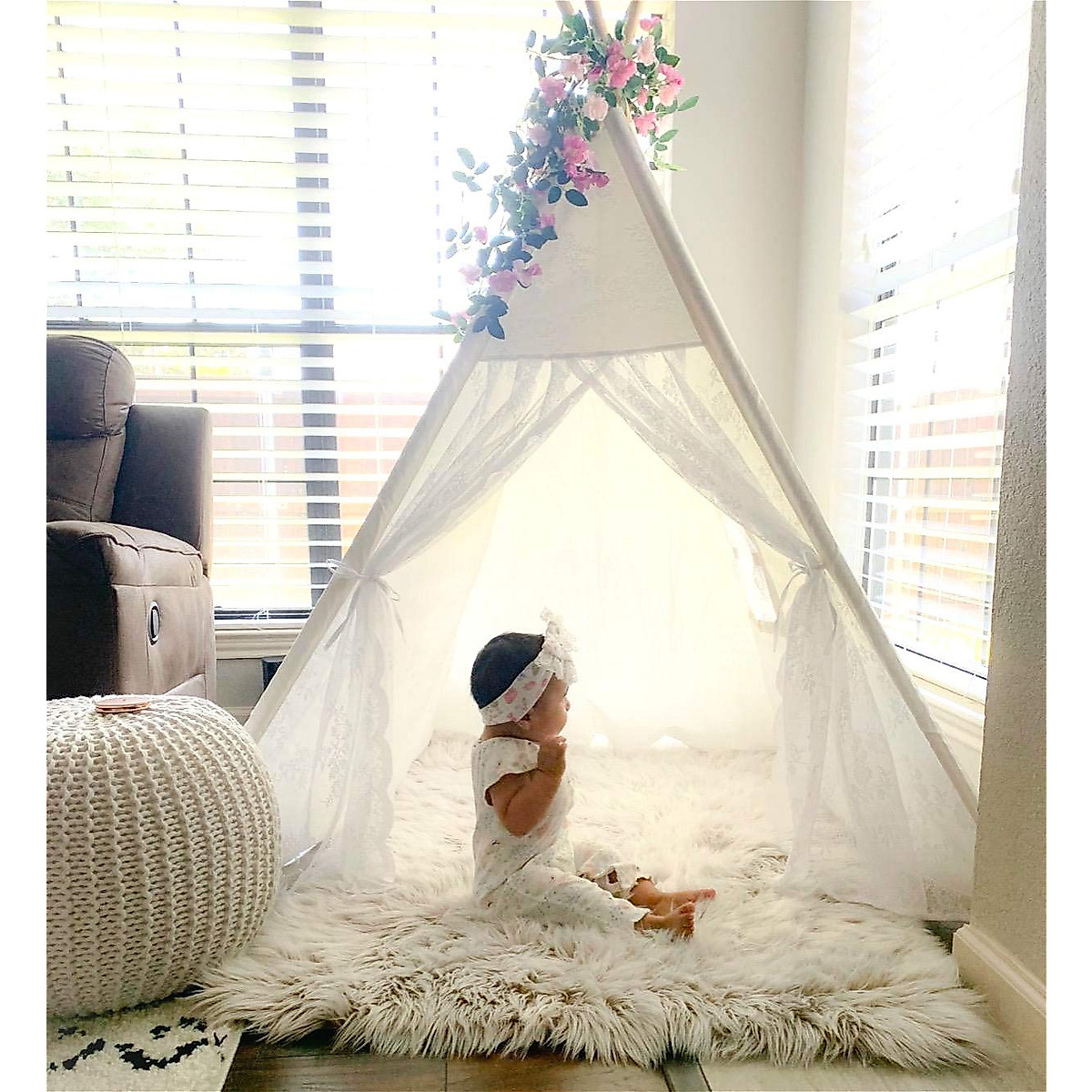 Lace Teepee for Girls, Teepee Tent for Kids Teepee Boho Teepee Tent White Teepee with 6.5Ft Rose Vine Flowers, Kids Room Decor