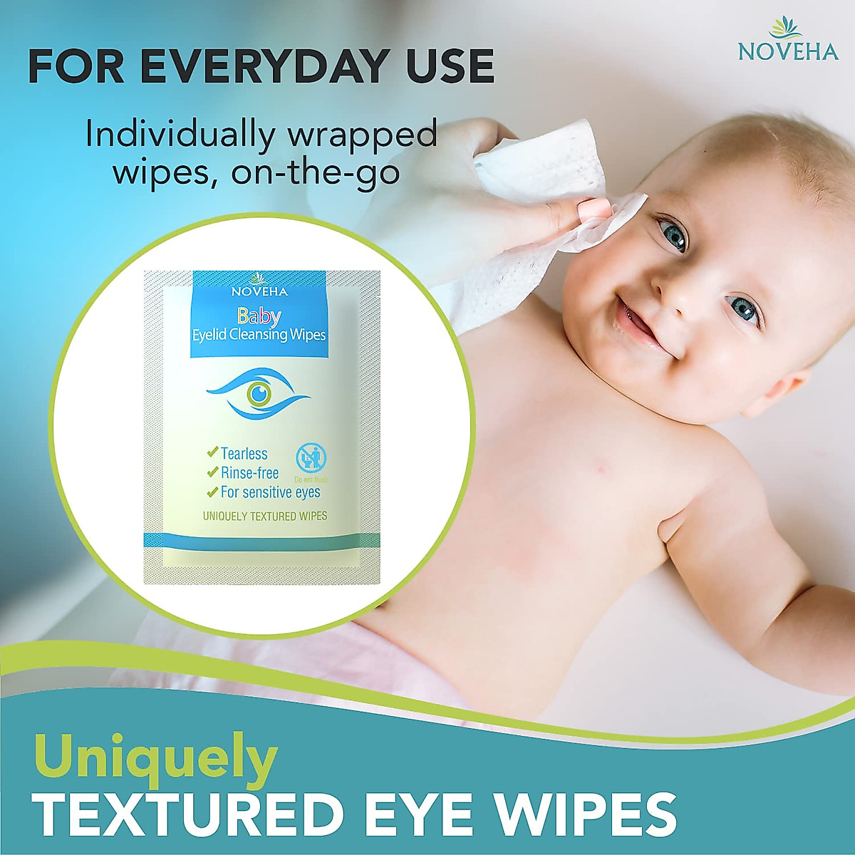 NOVEHA Baby Eyelid & Lash Wipes | Safe & Natural Pack of 60 Pre-moistened Wipes