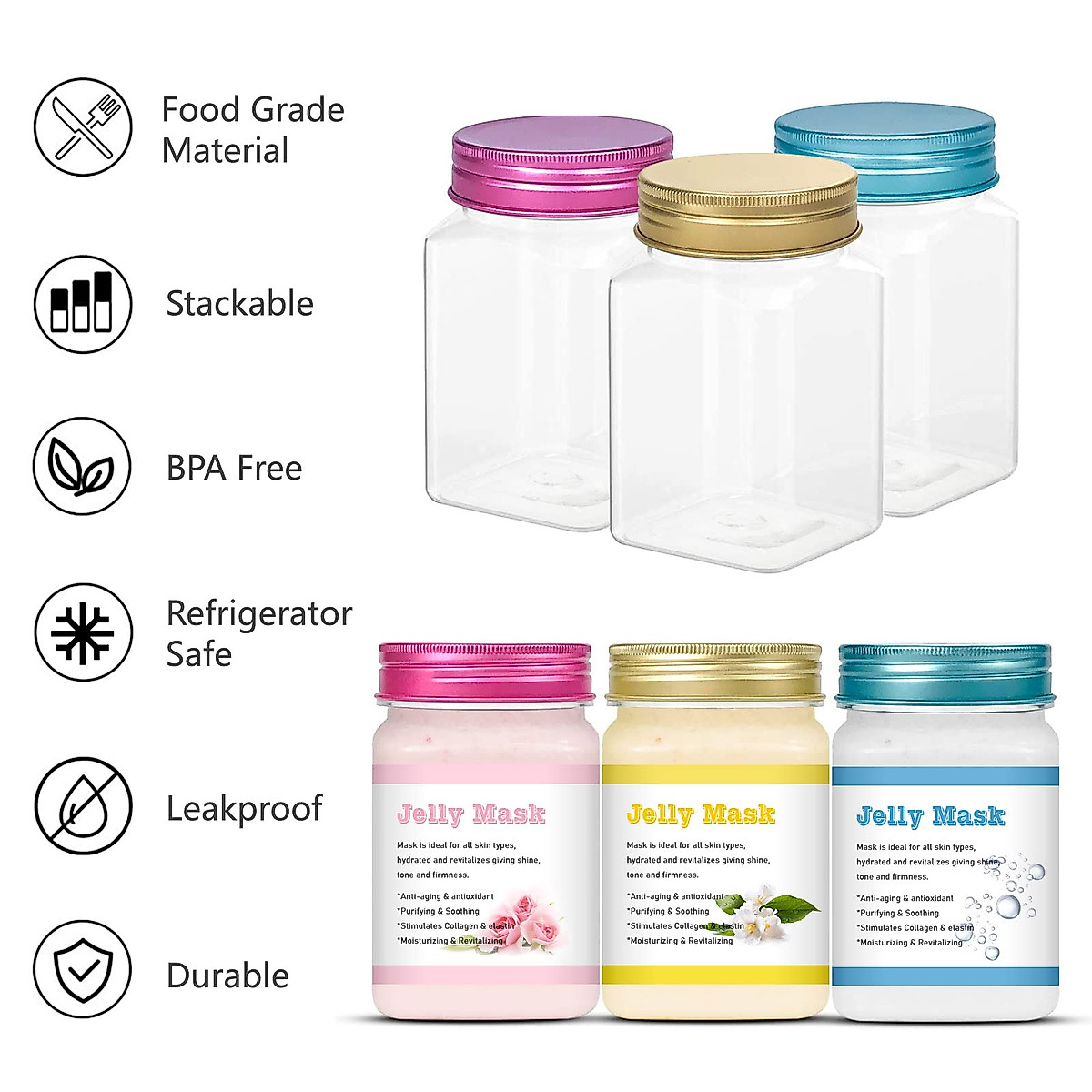 12oz Clear Plastic Jars with Colorful Metal Lid - BPA-Free Refillable Clear Square Cosmetic Container for Storage (6 Pack)