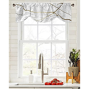 Yun Nist Tie Up Curtain Valance for Kitchen,White Marble Gold Crack Inlay Window Valances Adjustable Tie-up Shade Valance,Fashion Abstract Geometric Art Rod Pocket Short Curtains for Bathroom 42x12in