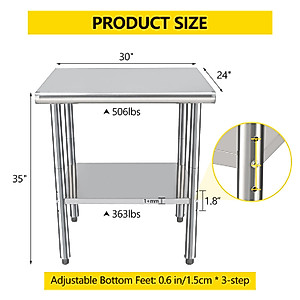 Stainless Steel Table for Prep & Work 24 x 30 Inches, Commercial Workstations Metal Kitchen Prep Table with Adjustable Undershelf for Restaurant, Home and Hotel