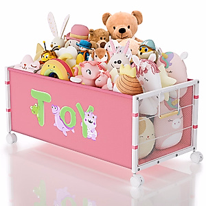 AIJIAMEIER 120L Toy Boxes for Kids Extra Large, Toy Storage Organizer with Wheels & Handle, 33.1” x 16.5” x 14.6” Big Toy Chest Storage for Stuffed Animals, Living Room Area, Playroom(Pink, 1PC)