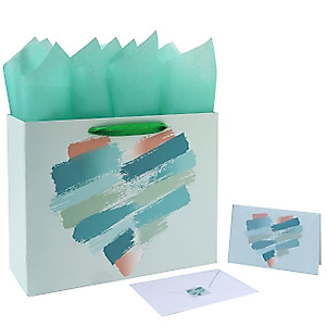 13" Large Mint Green and Peach Gift Bag Set with Greeting Card and Tissue Papers (Brushstroke Heart Design) for Celebrating Birthday Party, Mother's Day, Wedding, Anniversary, Bridal Shower - 13”x5.2”x10.2”, 1 Pcs.