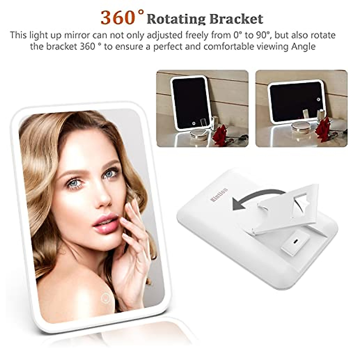 Kintion Lighted Makeup Mirror, Portable USB Rechargeable Vanity Mirror with Lights, 360° Swivel Placement, Touch Screen Brightness Adjustable