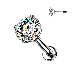 Pierced Owl 16-20GA G23 Implant Grade Titanium Threadless Push-in Prong Set CZ Crystal Top Flat Back Labret Monroe Lip Nose Cartilage Helix Tragus Conch Ear Lobe Barbell Stud (20GA (0.8mm))