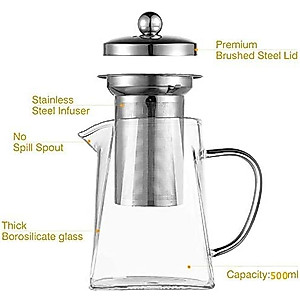 Aottop Square Glass Teapot with Infuser, 500 ml Borosilicate Tea Pot with Strainer, Clear Leaf Tea Pots for Loose Tea (500ML)