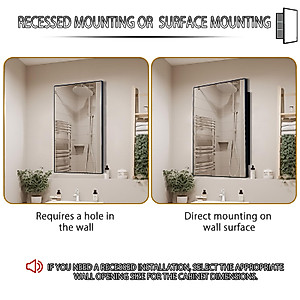 16" x 26" Black Bathroom Medicine Cabinet with Mirror, Recessed Rectangle Bathroom Medicine Cabinet with Stainless Steel Framed, Wall Mount Storage Cabinet for bathroom | 2 Adjustable Glass Shelves