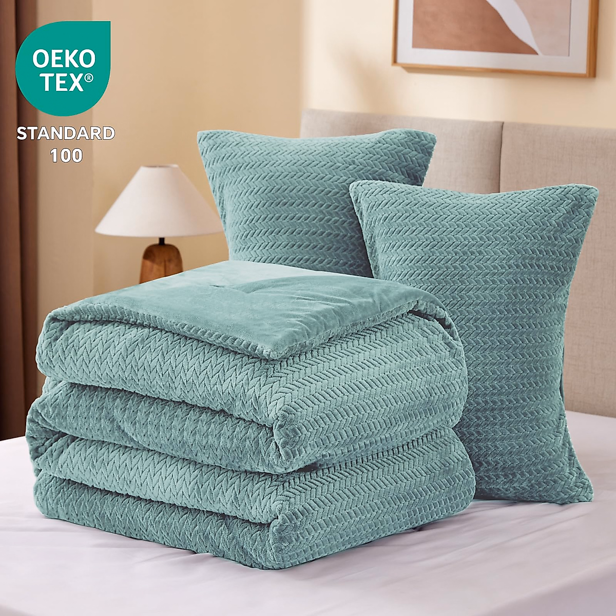 ChiXpace Fluffy Comforter Set - Furry Leaves Pattern Faux Fur Bed Set, Winter Ultra Soft Fuzzy Comfort Set, Velvet Bedding Set for Bed