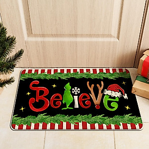 Tailus Christmas Believe Kitchen Rugs Set of 2, Xmas Gifts Stink Stank Stunk Green Kitchen Mats Decor, Red White Stripes Holiday Door Mat Home Decorations - 17x29 and 17x47 Inch