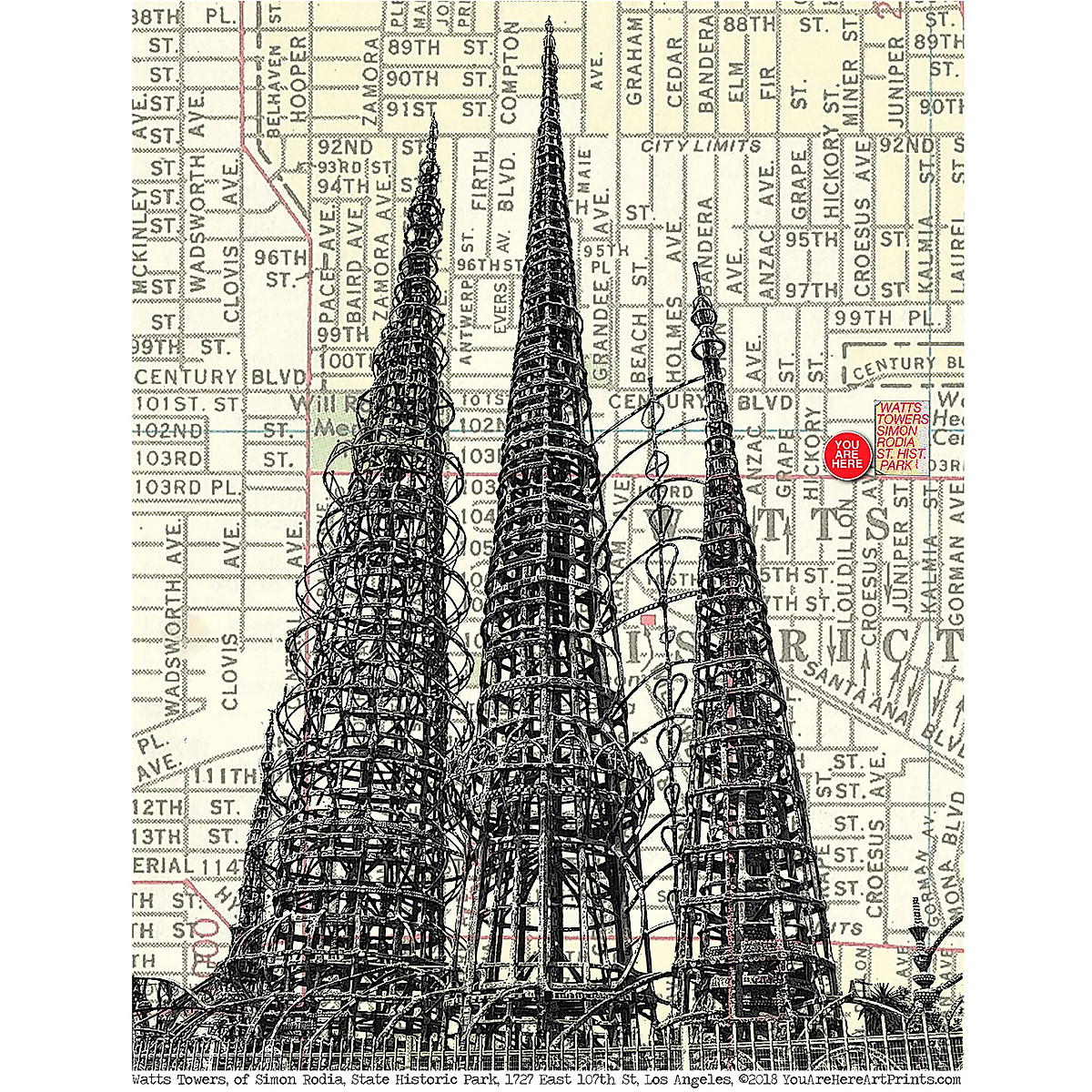 Los Angeles Watts Towers State Historic Park Tribute to Simon Rodia Art Print. You Are Here. Gallery Quality. Matted at 11 inches x 14 inches and Ready to Frame.