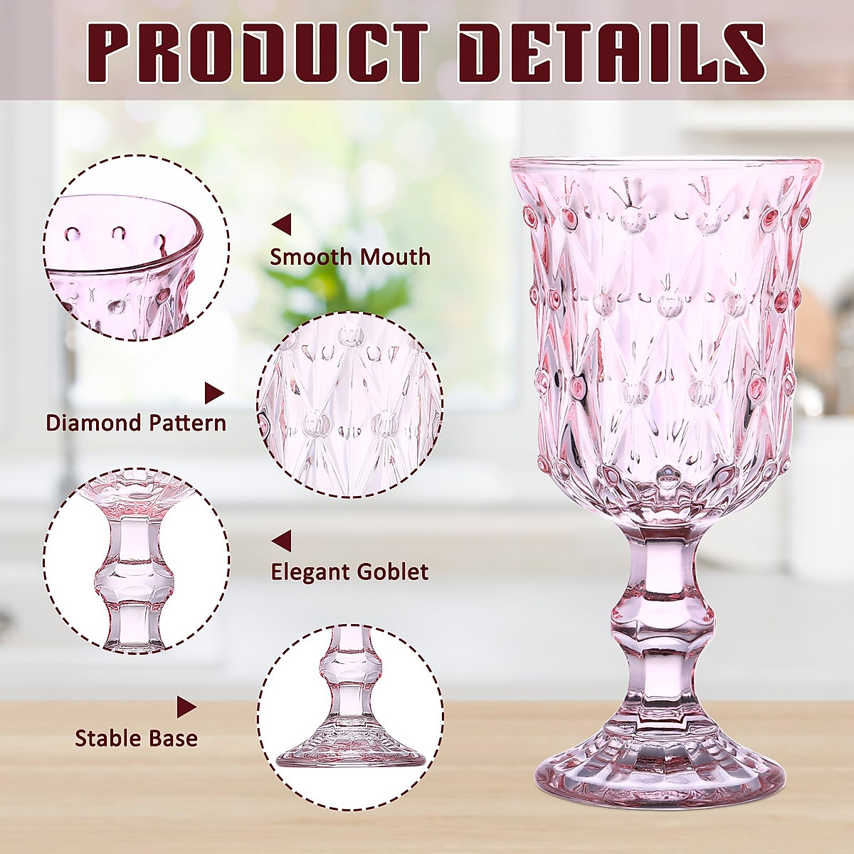 12 Packs Glass Goblet Set, Pink Wine Glasses Glassware Goblet, 7 oz Drinking Glasses Water Goblets Vintage Drinking Glassware Embossed Wine Glass Solid Color Glass Goblet for Wedding Party Restaurant
