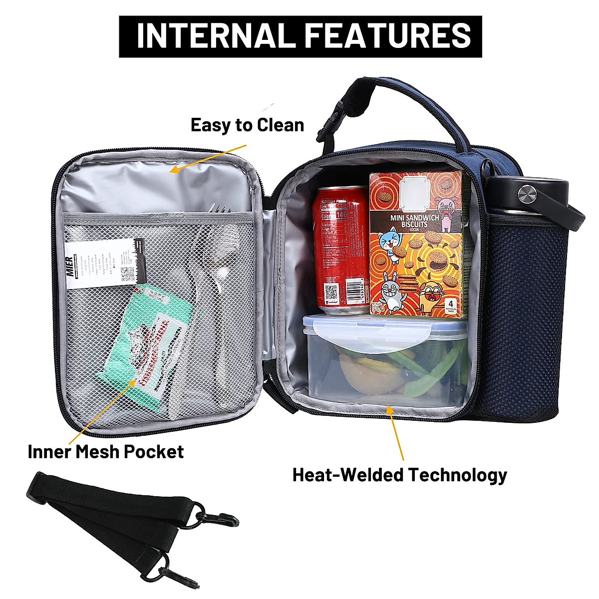 MIER Expandable Lunch Bag Insulated Lunch Box for Men to Work Travel Portable Lunchbox Bags with Shoulder Strap and Water Bottle Holder(Navy/Grey)