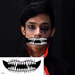Halloween Temporary Horror Scary Mouth Tattoo Stickers Prank Props Makeup Costume Accessories Face Kit Men or Women Adults Kids Cosplay Party Masquerade