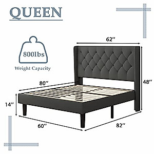 Feonase Upholstered Queen Bed Frame with Wingback, Platform Bed with Diamond Tufted Headboard, Heavy Duty Bed Frame, Wood Slat, Easy Assembly, Noise-Free, No Box Spring Needed, Dark Gray