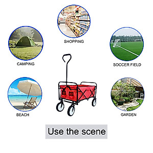 Collapsible Folding Wagon, Heavy Duty Utility Beach Wagon Cart with Side Pocket, Large Capacity Foldable Grocery Wagon for Garden Sports Outdoor Use (Red)