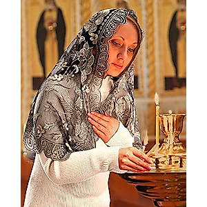 Bozidol Catholic Chapel Mantilla Veil Spanish Lace Head Covering Church Mass Veil for Religious Christian (Black-Gold)