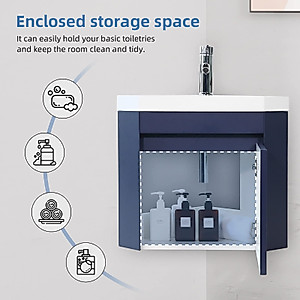 wonline 16" Corner Bathroom Vanity Sink Combo for Small Space Wall Mounted Cabinet Set Design Navy Resin Basin Sink Top Chrome Faucet and Drain