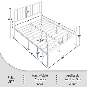Yaheetech 14 Inch Full Size Bed Frame Metal Platform Bed with Spindle Headboard Footboard/Mattress Foundation/No Box Spring Needed/Underbed Storage Space/Steel Slat Support/Easy Set up, White