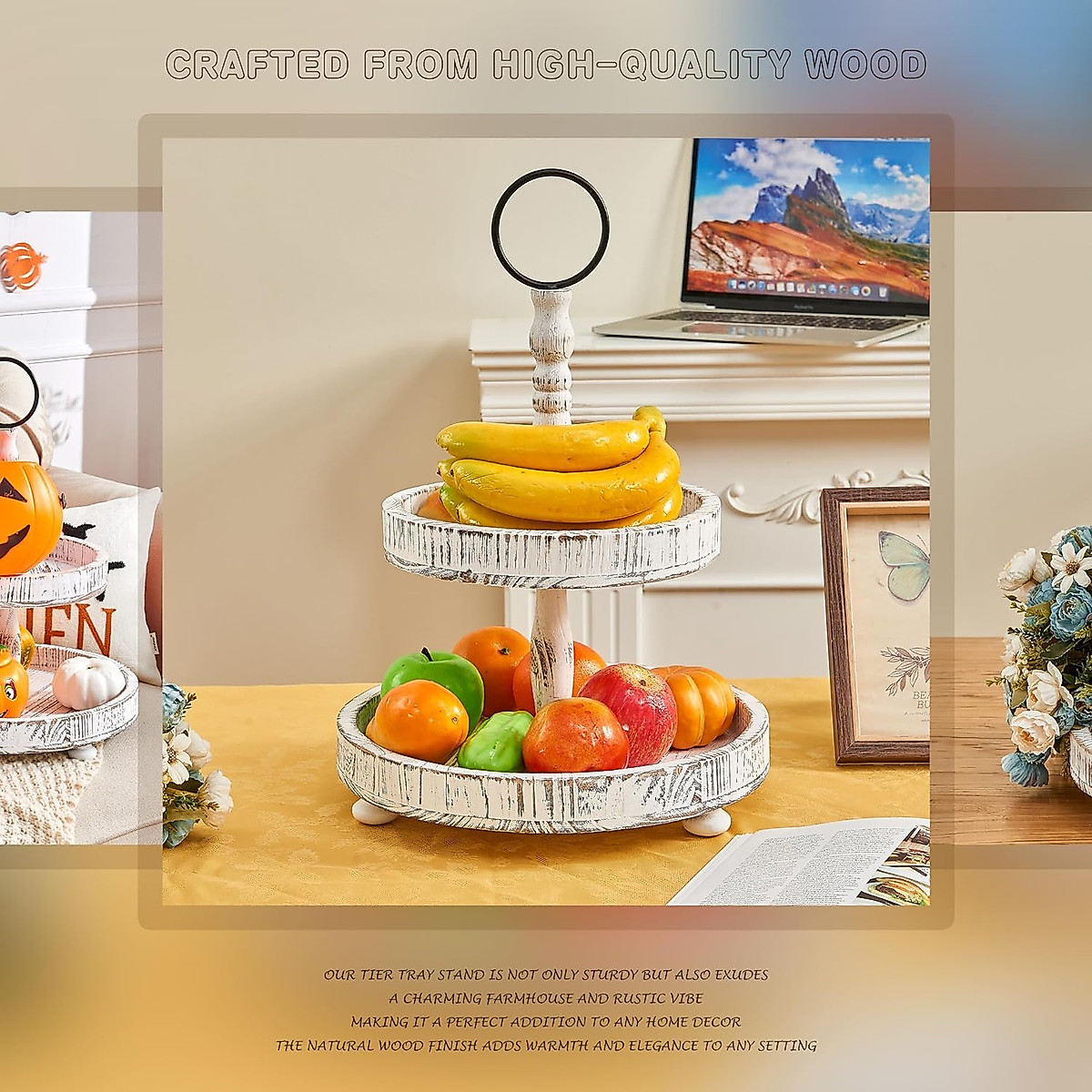 AONEHOME 2 Tiered Tray Stand, White Tiered Tray Decorative Trays – 2 Tier Cupcake Stand - 2 Tier Serving Tray - Tiered Tray Decor