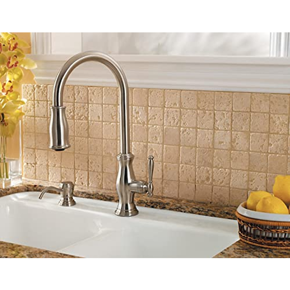 Pfister GT529-TMY Hanover 1-Handle Pull-Down Kitchen Faucet with Soap Dispenser, Tuscan Bronze