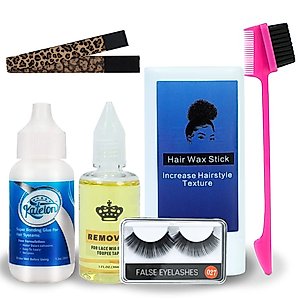 Lace Wig Glue Set 1.3oz Hair Glue, Waterproof Lace Glue and Hair Wax Stick Combo Pack, Wig Glue Remover, Elastic Band, Hair Dual Brush and False Eyelashes