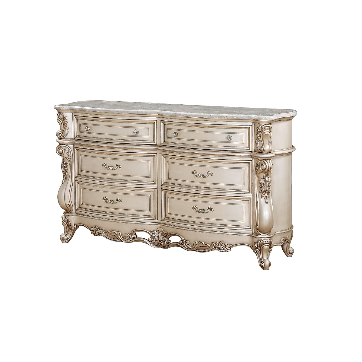 Acme Gorsedd 6-Drawer Wooden Dresser with Marble Top in Golden Ivory