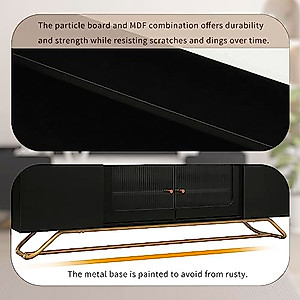 WADRI TV Stand with Fluted Glass, Faux Marble Top Console Table with Gold Frame Base for Living Room, Contemporary Entertainment Center for Television Up to 65" (Black + Particle Board-035)