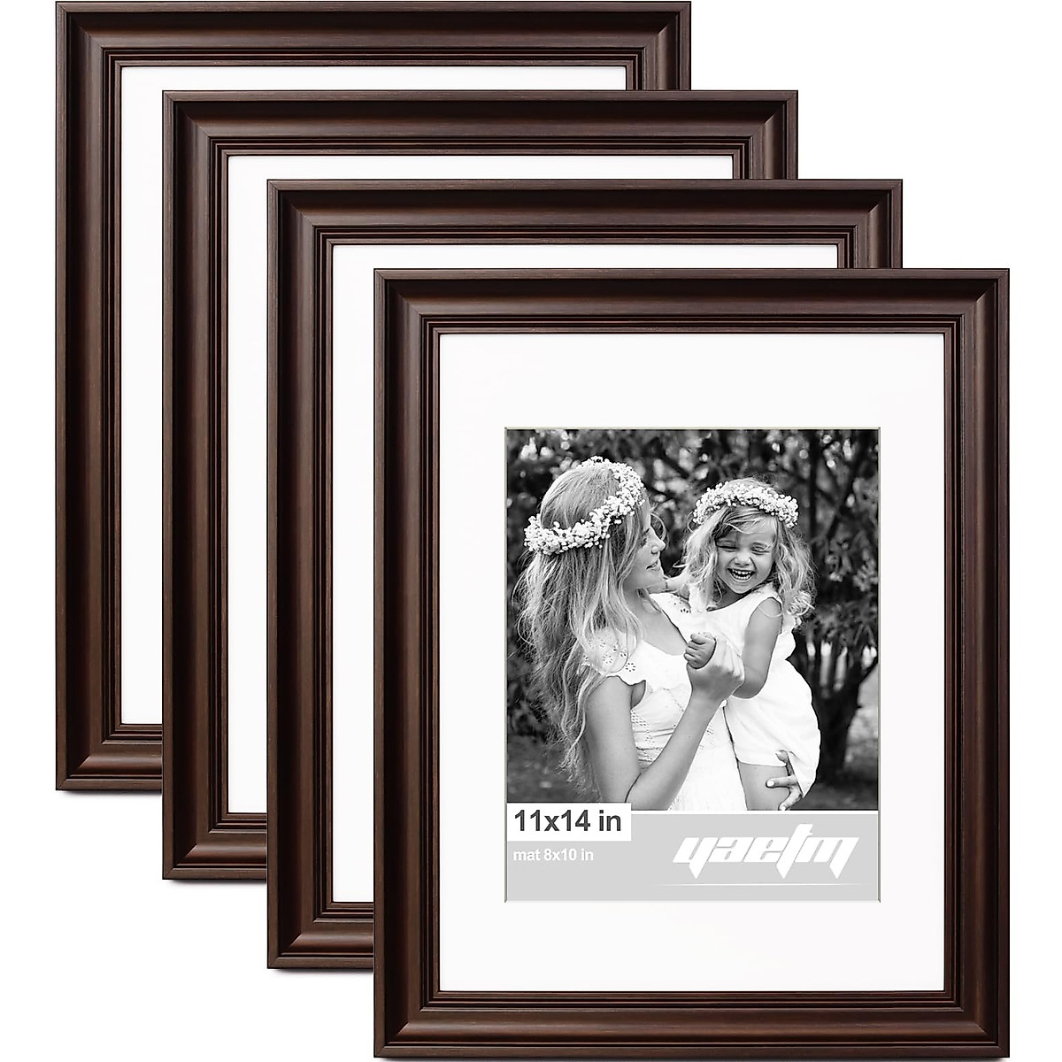 Yaetm 11x14 Picture Frame with Mat for 8x10 Set of 4, 1.4" Wide Molding & Dark Brown Photo Frames 11 x 14 with Tempered Glass for Wall Gallery, Home and Office, Wall Mount (4 pack, Brown)