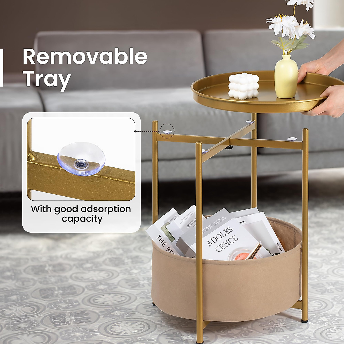 Luwesde Round Side Table, Gold End Table with Storage Basket, Metal Night Stand with Removable Tray, Small Bedside Table for Living Room, Bedroom, Nursery (Gold)