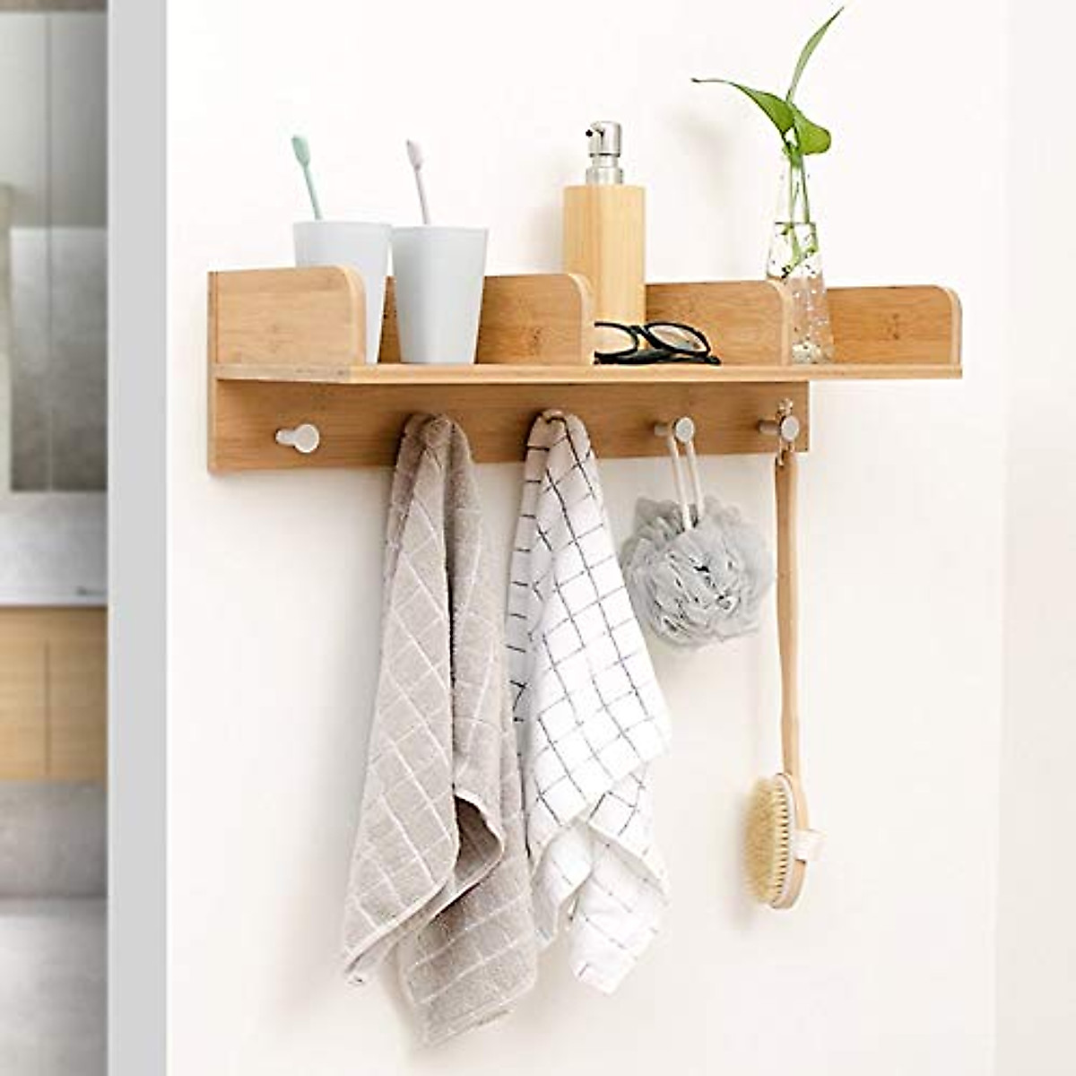 PIBM Stylish Simplicity Shelf Wall Mounted Floating Rack Wooden Solid Wood Shelves Storage Books Living Room 5 Hooks,63X15.1X20Cm,2 Colors Avaliable, Wood Color