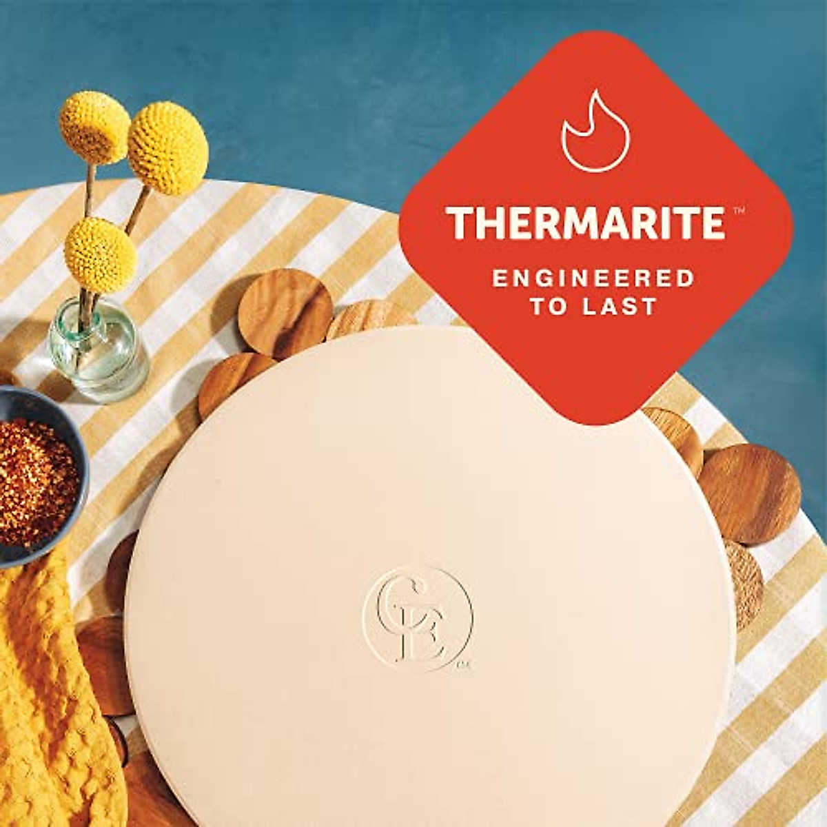 Cast Elegance Durable Thermal Shock Resistant Thermarite Pizza and Baking Stone for Oven and Grill, Includes Recipe E-Book & Cleaning Scraper, Large, 16 inch Round, 5/8th inch Thick