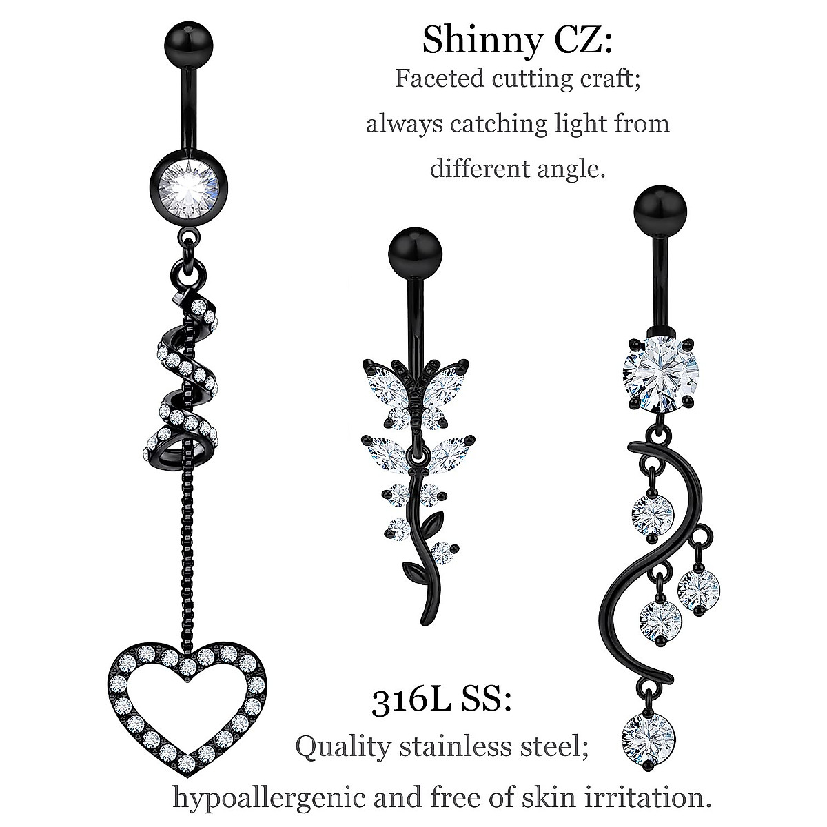 Uzgtvy 14G Belly Button Ring for Women Stainless Surgical Steel Belly Ring Dangle Curved Barbells Bar Black Dangling Belly Button Navel Ring Belly Vch Body Piercing Jewelry 10mm CZ Diamond Gem