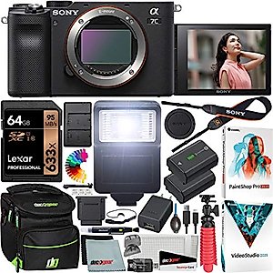 Sony a7C Mirrorless Full Frame Camera Alpha 7C Interchangeable Lens Body Only Black ILCE7C/B Bundle with Deco Gear Case + Extra Battery + Flash + Filters + 64GB Card + Software Kit and Accessories