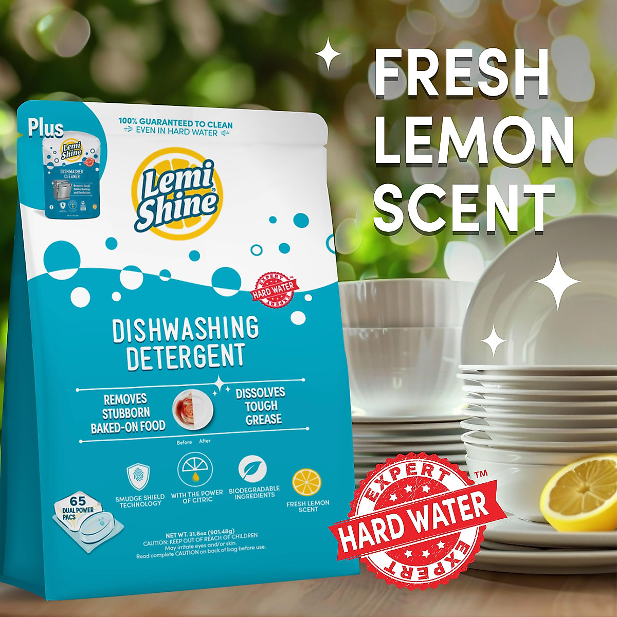 Lemi Shine Natural Dishwasher Detergent Pods + Dishwasher Cleaner 1 ct | All-In-One Powder & Gel Pods with Powerful Citric Acid | Eco Friendly Dish Wash Cleaning Supplies (65 Count)