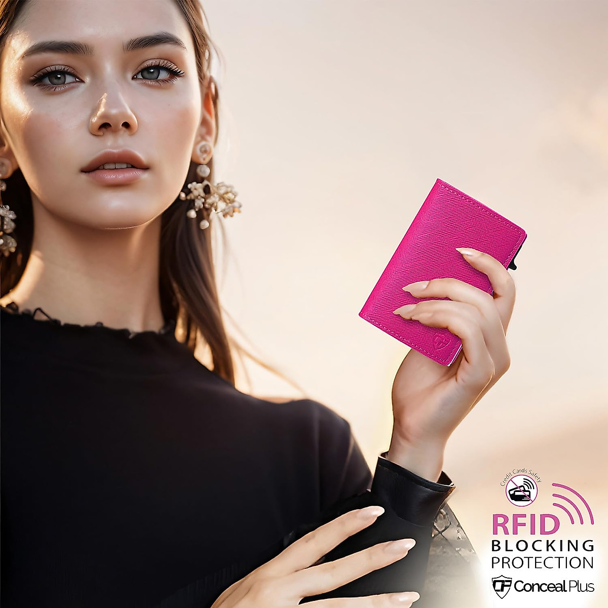 Card Blocr Womens Slim Wallet for Small Purses, Pop Up Wallet with Anti Theft RFID Blocking Credit Card Holder for Women in Pink PU Saffiano