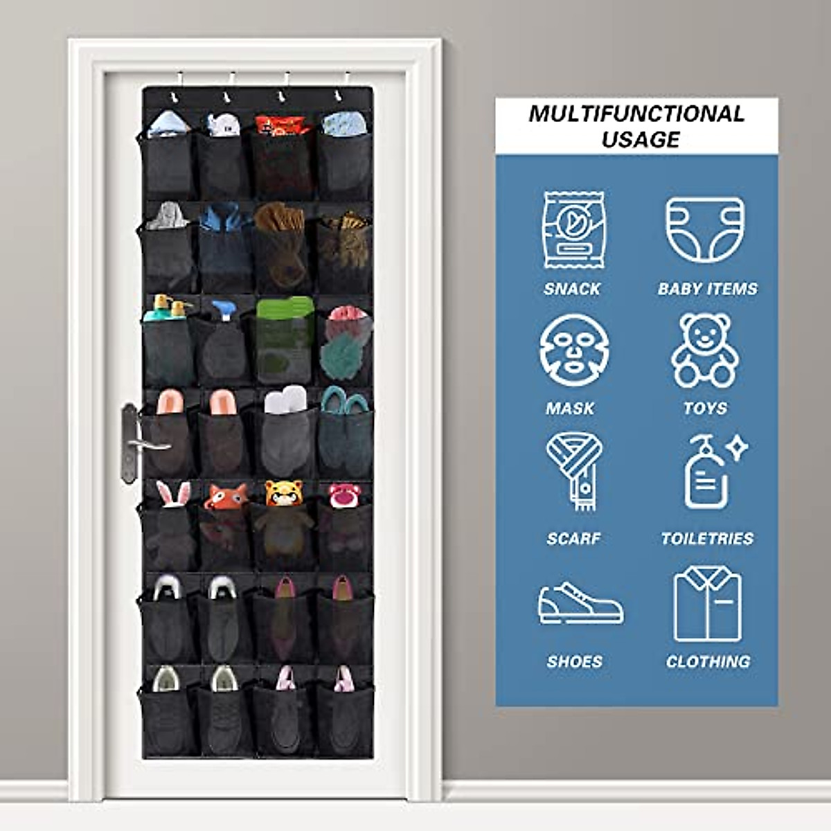 HKCDUUT Hanging Shoe Storage Organizer Over the Door 28 Large Mesh Pockets Door Storage Shoe Holders Shoe Rack for Closet Behind Door Organizer, Black 67"X22"