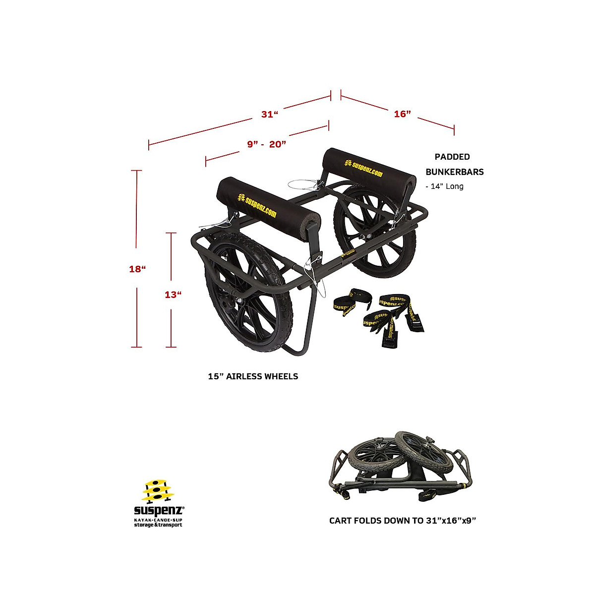 Suspenz Kayak Canoe Transport Cart, All-Terrain Super Duty Trolley Carrier with No-Flat Airless Wheels and Kickstand, 300 lb Load Capacity, Black (22-9908)