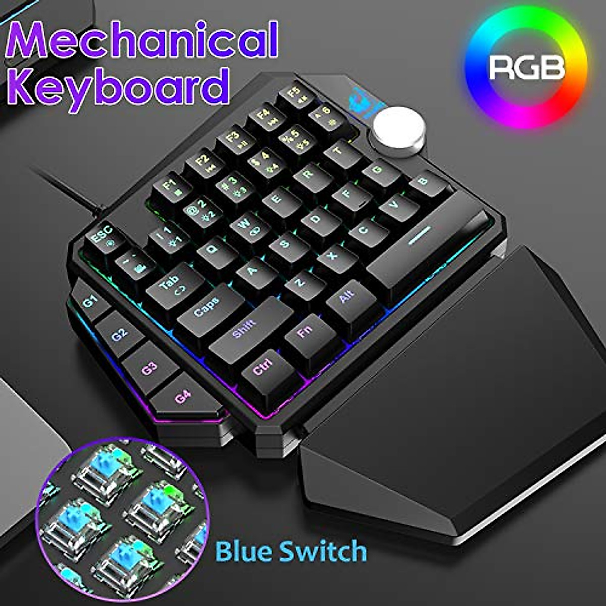 UrChoiceLtd One-Handed RGB Mechanical Gaming Keyboard,Upgrade Multimedia Knob USB Wired Professional Gaming Keypad with Macro Function, Detachable Wrist Rest For PC/Xbox/PS4 (Black/Blue Switch)