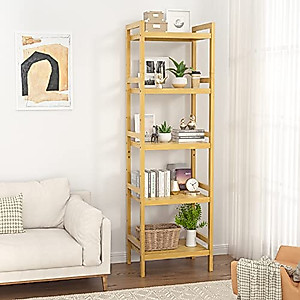 Homykic Bamboo Bookshelf, 5-Tier Narrow 55.9” Adjustable Book Shelf Bookcase Bathroom Shelves Freestanding Storage Stand for Living Room, Bedroom, Kitchen, Rust Resistance, Easy Assembly, Natural