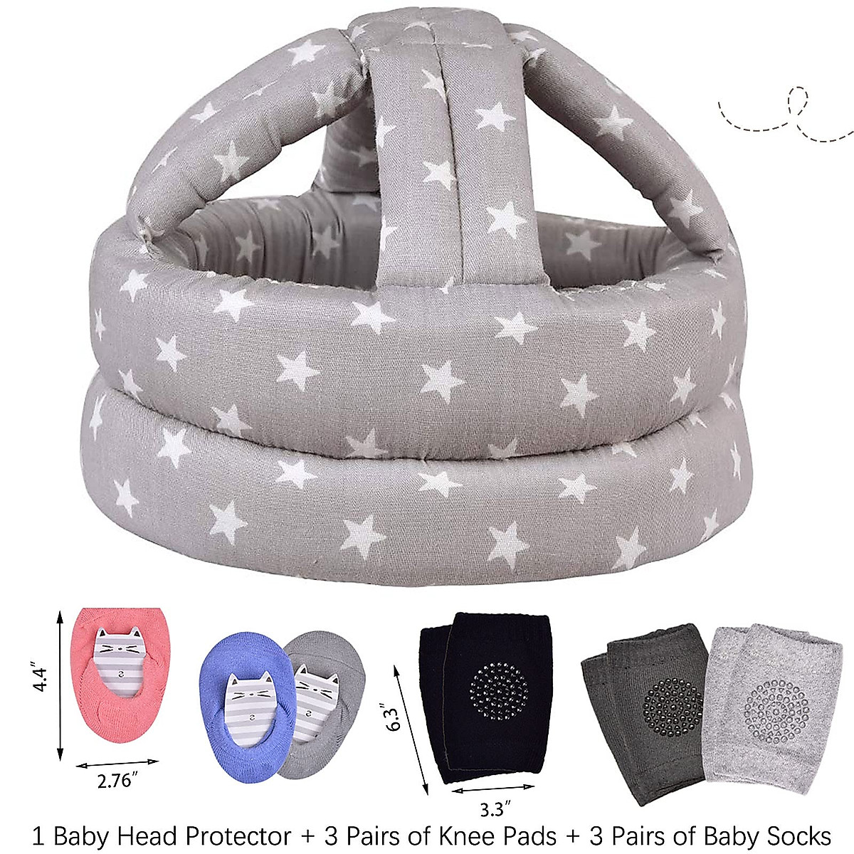 Baby Safety Helmet, Infant Baby Head Protector with 3 Pairs Baby Knee Pads for Crawling & 3 Pairs Baby Socks, Head Cushion Bumper Bonnet, Soft Headguard for Toddler Learning to Walk, Gray Star