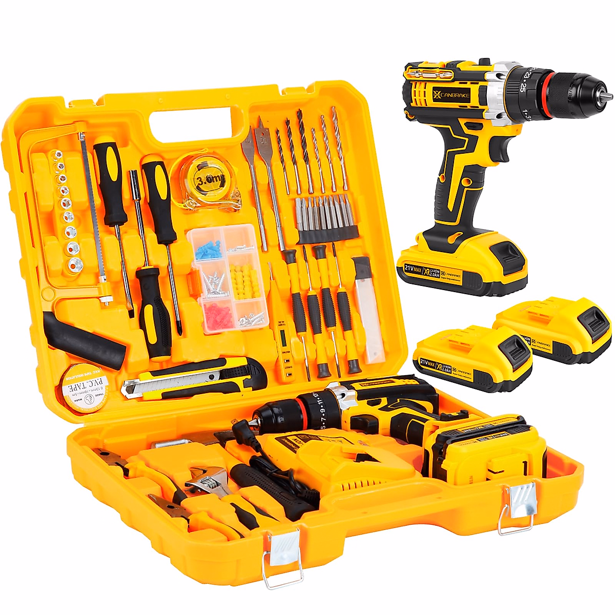 CANBRAKE 21V Tool Kit with Drill, 120PCS 21V Cordless Drill Set with 3/8" Keyless Chuck of Metal & 25+3 Clutch with Impact, 2 x 2.0Ah Battery & Fast Charger, Max Torque 45Nm, 2-Variable Speed