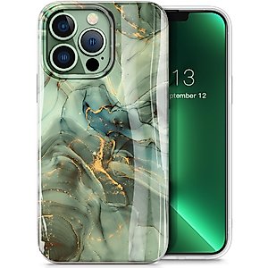 GVIEWIN for iPhone 13 Pro Case 6.1 Inch, [10FT Military Grade Drop Protection] Marble Phone Case Slim Glossy Soft TPU Shockproof Protective Cover for Women Men Phone Covers(Desert Dream/Green)