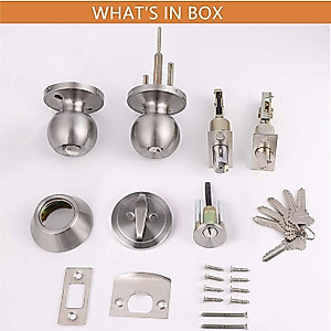 Probrico 2 Sets Front Exterior Door Knob Set with Single Cylinder Deadbolts Satin Nickel,Round Entry Door Knobs with Dead Bolts Combo Pack, Keyed Alike Door Hardware, Contractor Pack