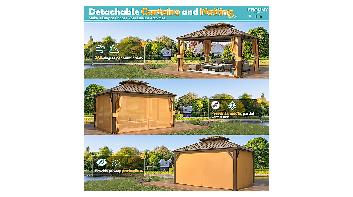 EROMMY 12' x 14' Hardtop Gazebo, Aluminum Frame Gazebos with Galvanized ...