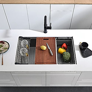 32 Gray Undermount Workstation Kitchen Sink, Dorzom 32”x19” Metallic Matte Gray Stainless Steel Undermount 18 Gauge 10 Inch Deep Single Bowl Workstation Ledge Kitchen Sink with Accessories