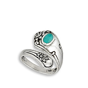Open Simulated Turquoise Unique Vintage Spoon Ring Sterling Silver Thumb Band Size 8