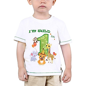 Baby Boy 1st Birthday T-Shirt - I’m Wild and 1 Jungle Animals Birthday Top Tee One Year Old Jungle Birthday Party 100% Cotton Printed Short Sleeve T Shirt Gift(White, 1T)