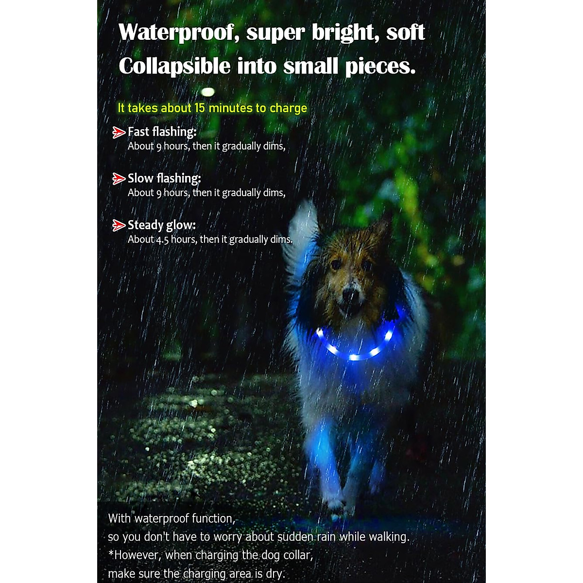 Waterproof LED Dog Collar USB Rechargeable Light Up Dog Collars Lights for Night Walking Lighted Safety Training & Behavior Aids for Small Medium to Large Dogs